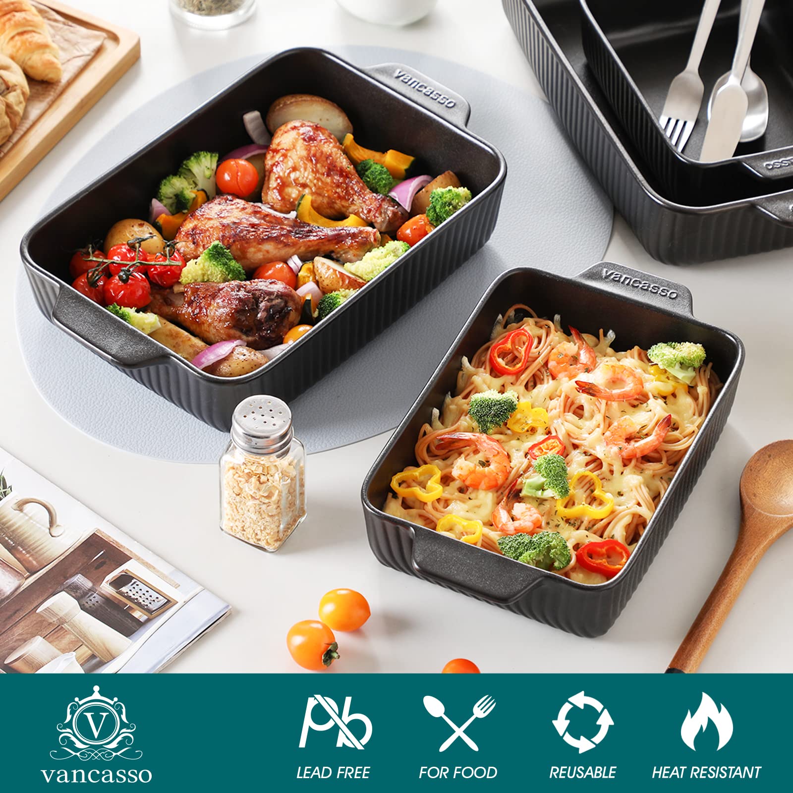 vancasso Forte 4-Piece Stoneware Baking Dish Set - Rectangular Casserole and Lasagna Pans with Handles, Deep Oven-Safe Bakeware for Cooking, Black