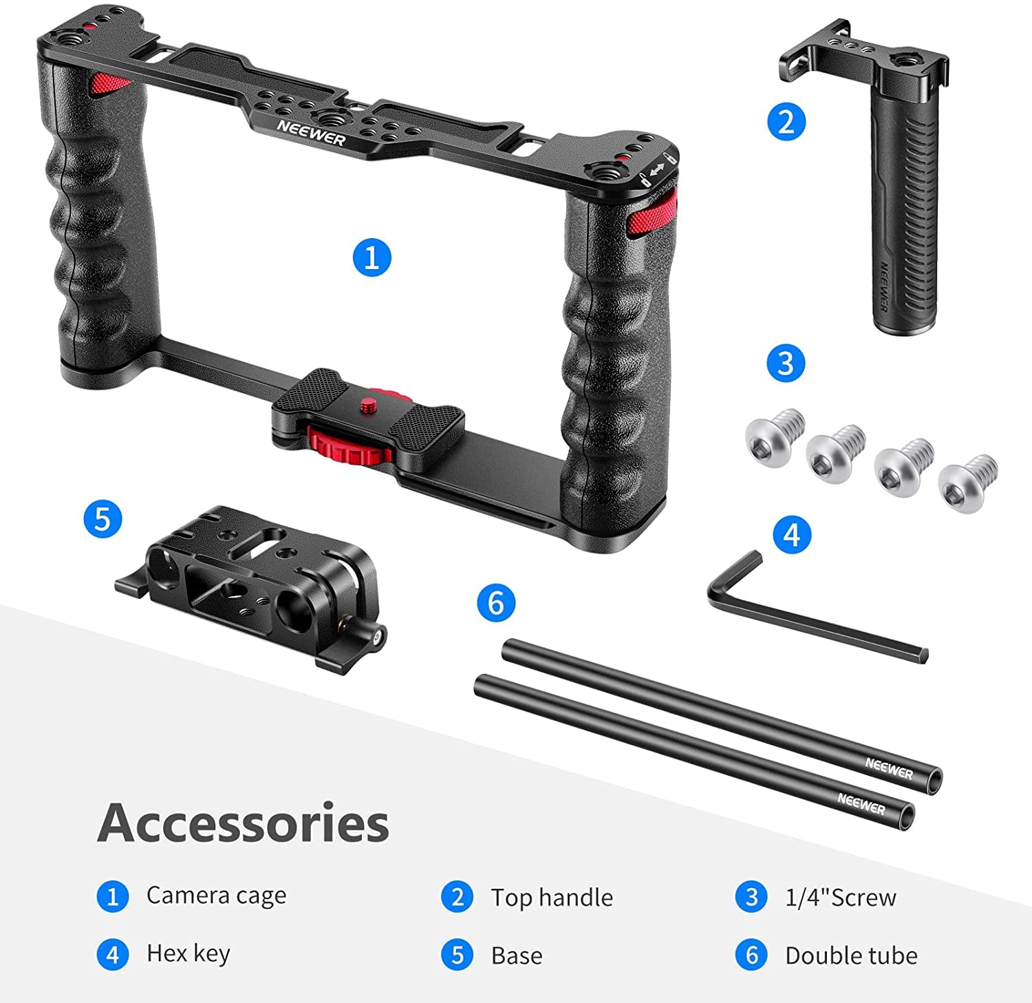 NEEWER Aluminum Alloy Camera Cage, Filmmaking Rig with Top Handle, Dual Grips, Standard Arca Type Base, Compatible with Sony A7S III A7IV A6600 Canon EOS R5C R5 R6 DSLR/Mirrorless Cameras - VS107
