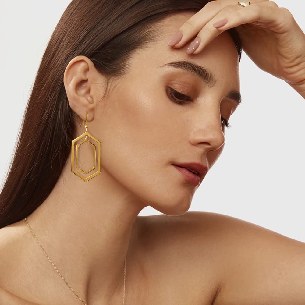 MORAOWA Gold Geometric Dangle Earrings for Women 14K Gold Plated Boho Hexagon Statement Drop Earrings Trendy 925 Sterling Silver Post Hypoallergenic Lightweight