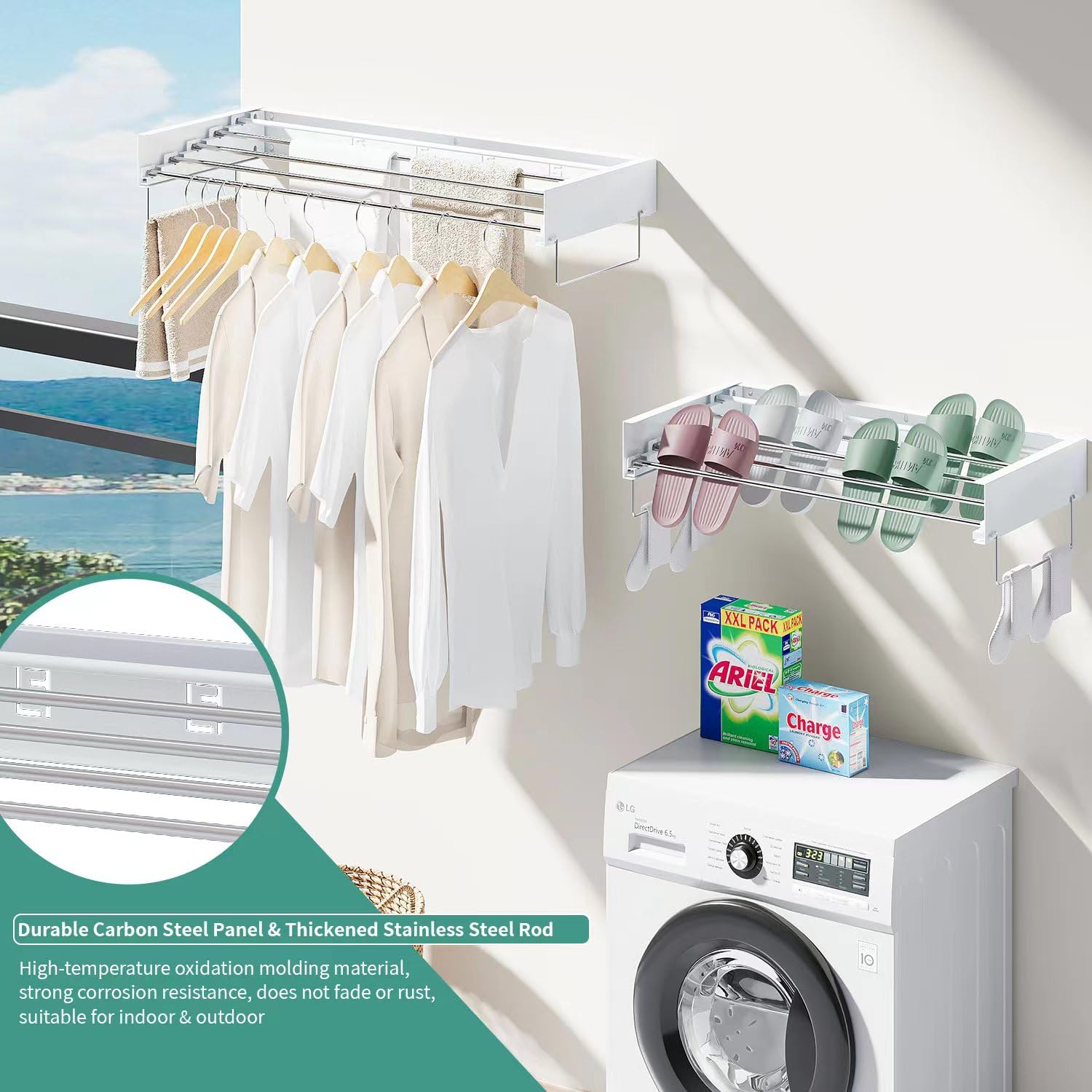 Wall Mounted Drying Rack, Laundry Drying Rack Collapsible, Clothes Drying Rack, Towel Drying Rack for Indoor & Outdoor with Wall Template & 5 Rods, 60 lb Capacity, 31.5β Wide, 13.5 Linear Ft, White