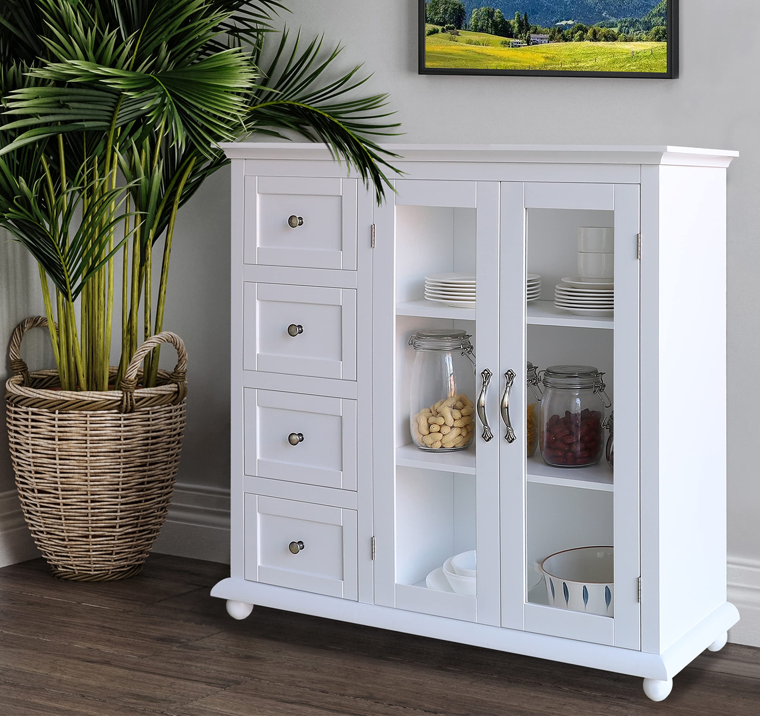 MUPATER Kitchen Buffet Sideboard Storage Cabinet, Floor Cupboard Cabinet with 2 Glass Doors and 4 Drawers for Home Dining Room, Living Room and Entryway, Dark Grey