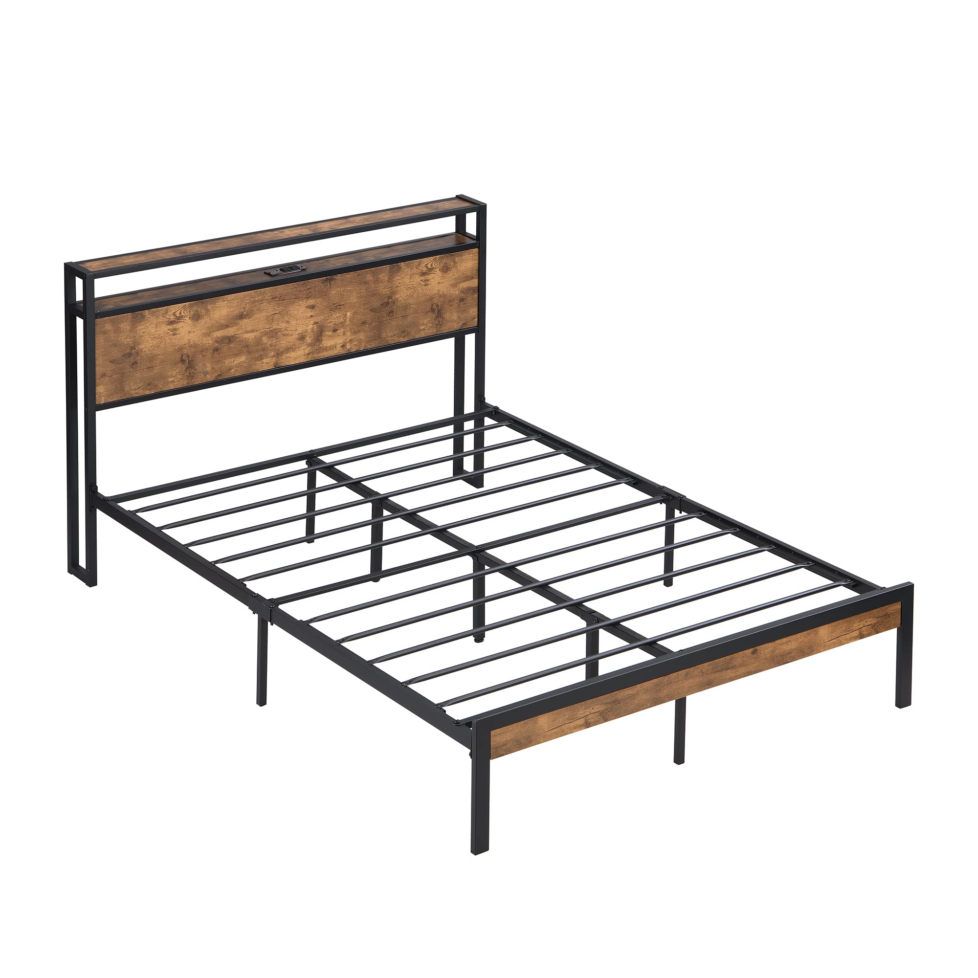 King Bed Frame with Charging Station, Metal Platform Bed Frame King Size with 2-Tier Storage Headboard, Outlets and USB Ports, Heavy Duty Mattress Foundation, No Box Spring Needed