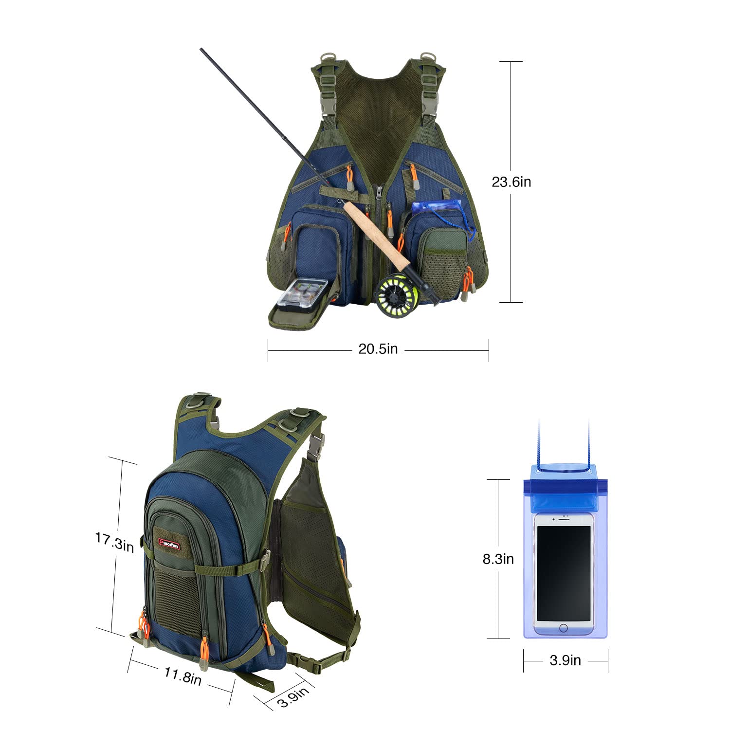 Piscifun Fishing Vest Backpack with Waterproof Phone case, Ultra Lightweight Fly Fishing Vest