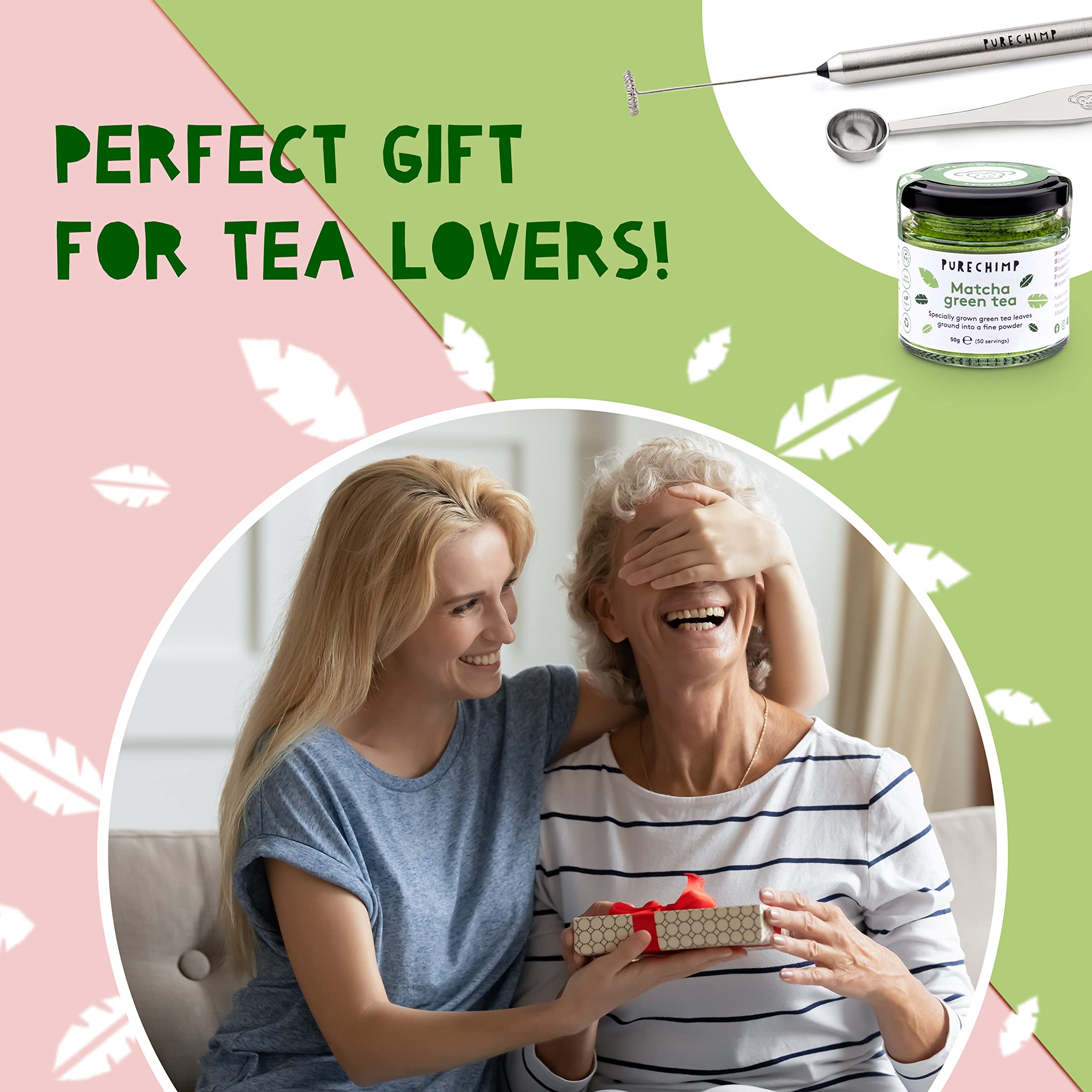 PureChimp Modern Matcha Set β Starter Kit with Electric Matcha Whisk, 50 Grams of Japanese Matcha, and Stainless Steel Measuring Spoon