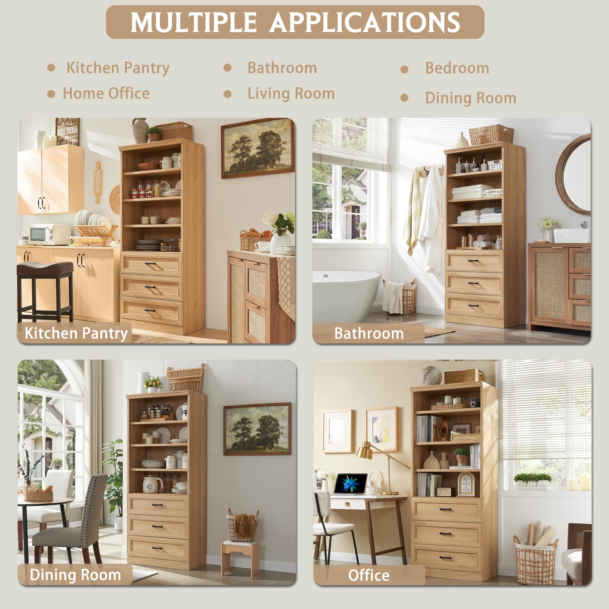 vimitty 72" Tall Bookshlef with 3 Drawers, Farmhouse 4-Tier Bookcase with Adjustable Shlef, Wooden Storage Cabinet for Living Room, Kitchen, Home Office, Dining Room, Natural