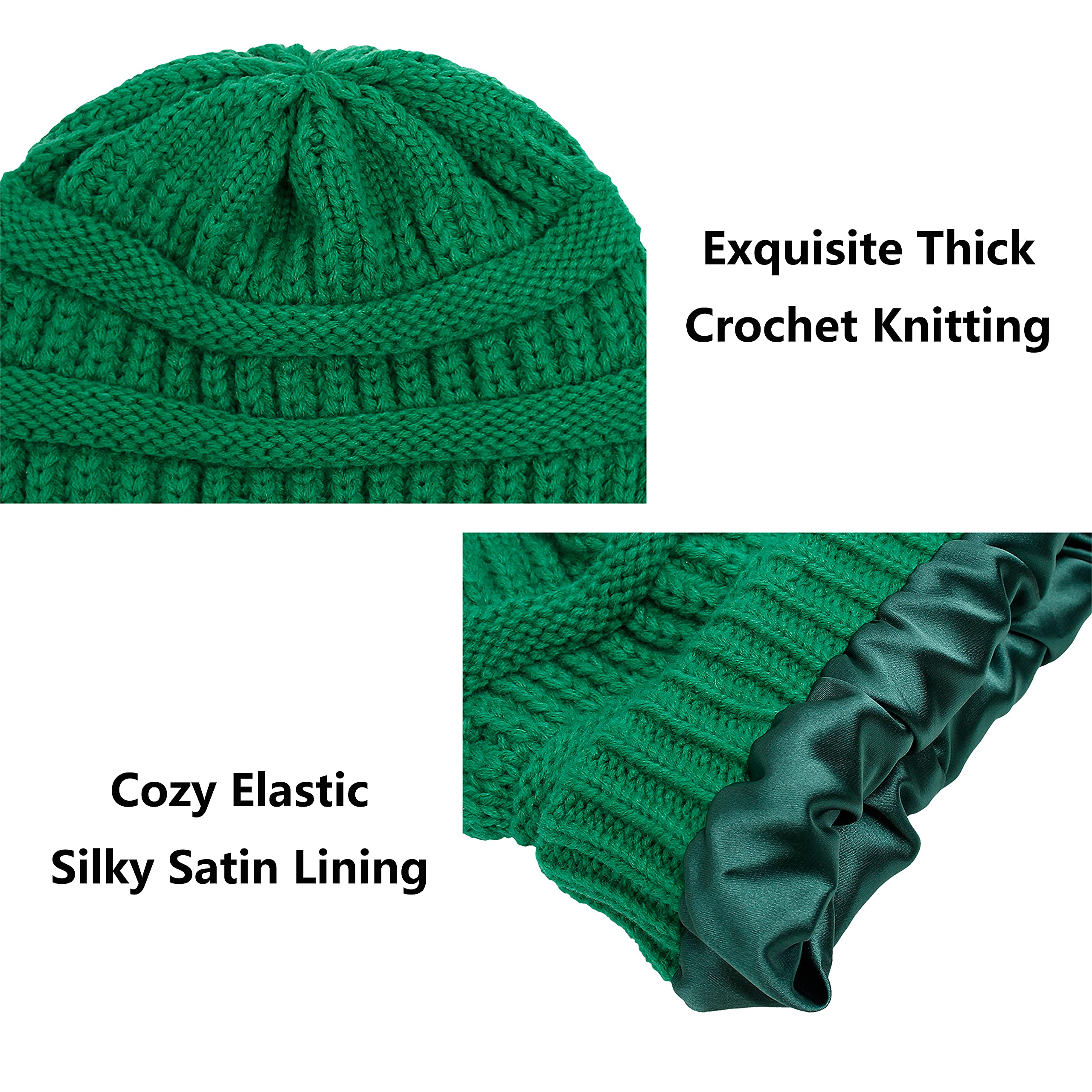 Muryobao Womens Winter Warm Knitted Hat Satin Silk Lined Cable Knit Beanie Chunky Slouchy Skull Cap Green