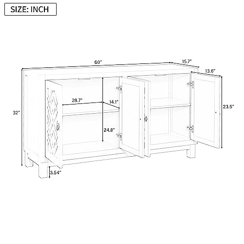 Wood Storage Cabinet, Large Storage Space Sideboard, 4 Door Buffet Cabinet with Pull Ring Handles for Living Room, Dining Room, Easy Assembly (Black)
