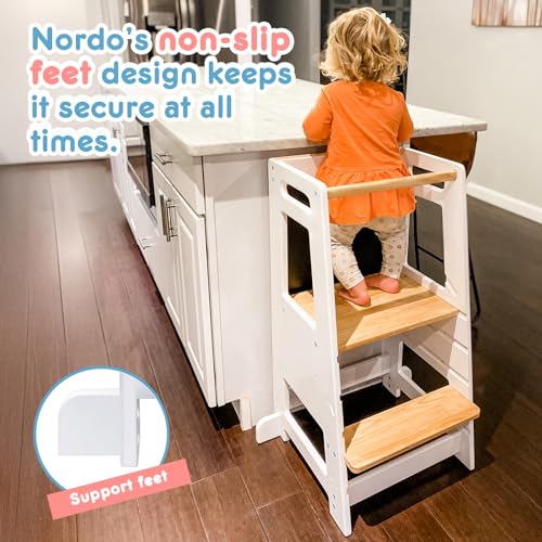Toddler Kitchen Stools Helper with Adjustable Height and Anti-Slip Protection, Kids Standing Tower with Safety Rail, Kids Montessori Step Stool with Learning Chalkboard, Natural