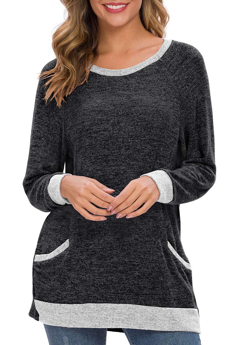 LILBETTER Womens Loose Long Sleeve Tops Crew Neck Casual Blouses Tunic Tops(Black,Medium)