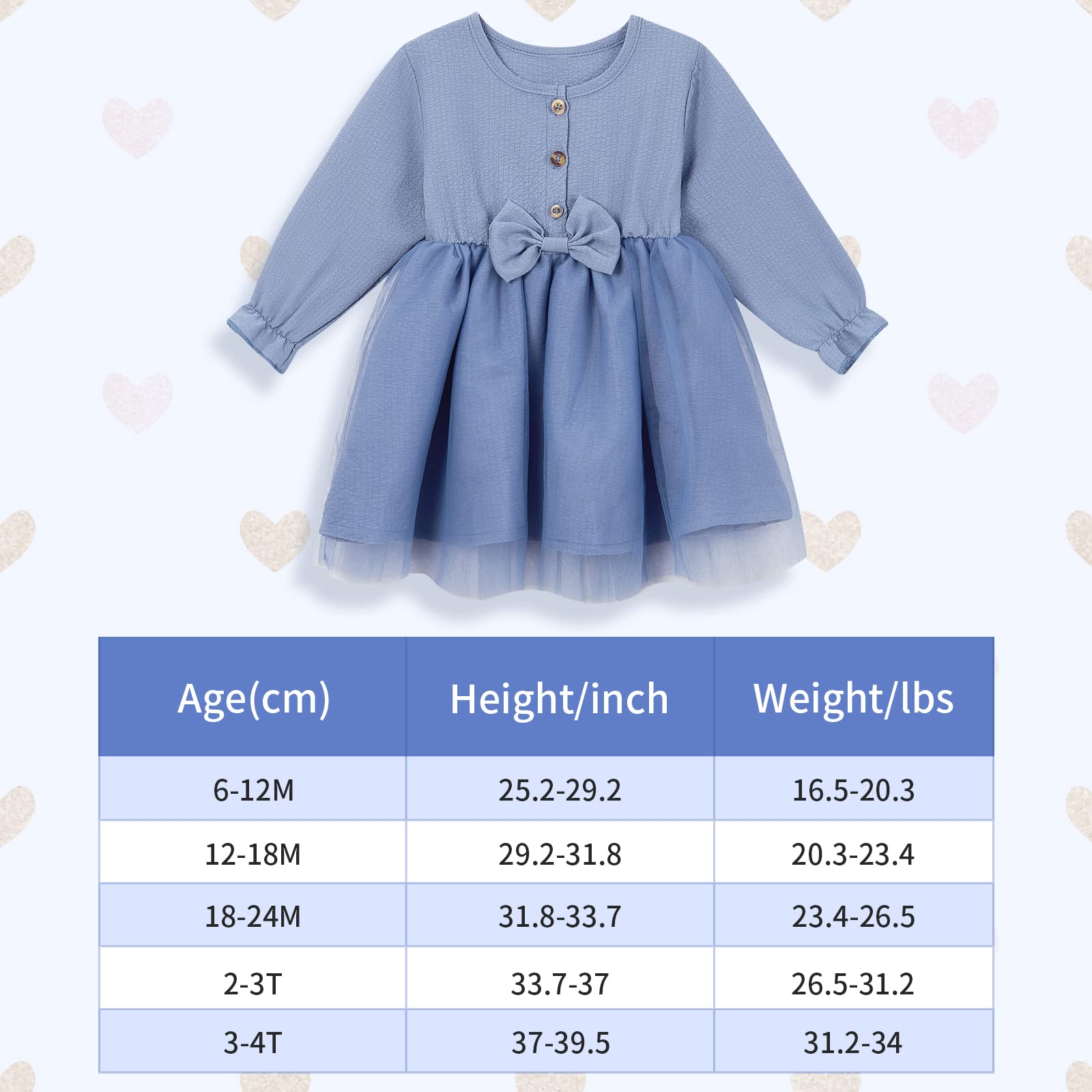 Toddler Long Sleeve Dress 2T 3T Girl Blue Fall Dresses A-Line Bowknot Single-Breasted Outfits
