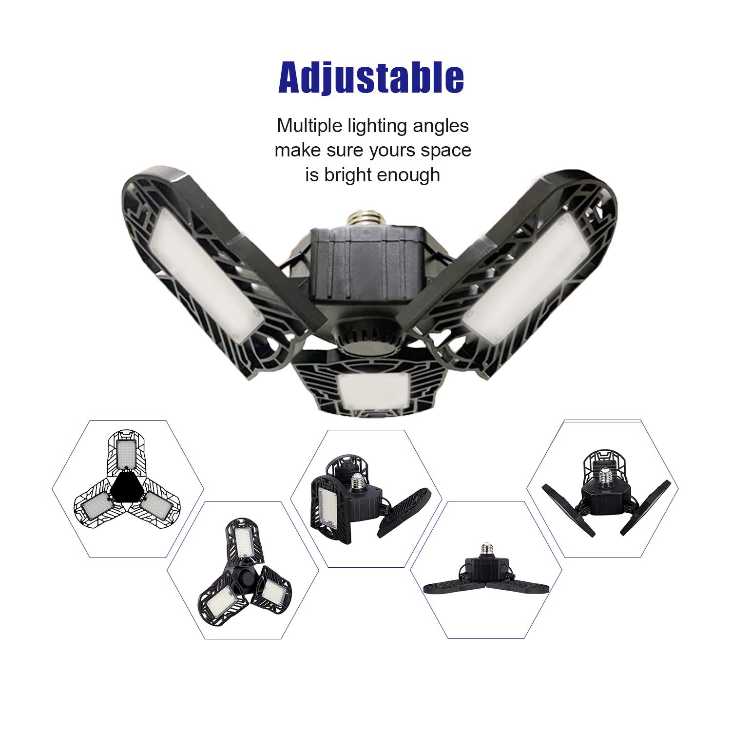 LED Garage Lights, 80W 6000LM Adjustable 3 Panels Deformable Garage Lighting E26/E27 Tribright Ceiling Shop Light for Workshop Warehouse Barn Basement