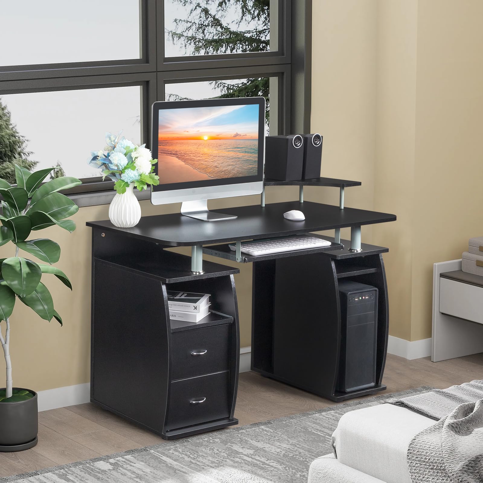 Karl home Computer Desk with 2 Drawers, Wooden Home Office Desk Writing Study Desk with Open Shelves and Keyboard Tray Black