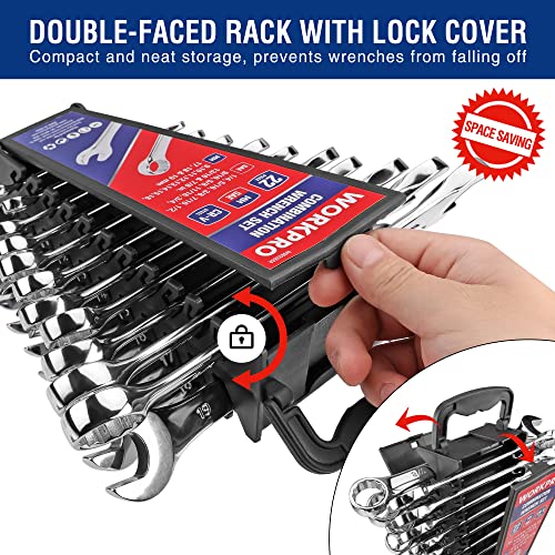 WORKPRO Mechanics Wrench Set Metric and Standard, 22PCS Complete Combination Wrenches Set. SAE 1/4" to 3/4", Metric 9mm to 19mm, Automotive Wrench Set with Rack Organizer