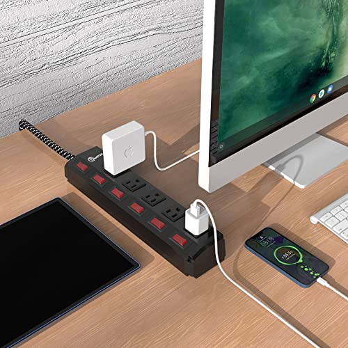 Power Strip Surge Protector 5 outlets Metal Heavy Duty Extension Cord 6 ft,5 Independent switches with one Master Switch, SGS Certified,Black…