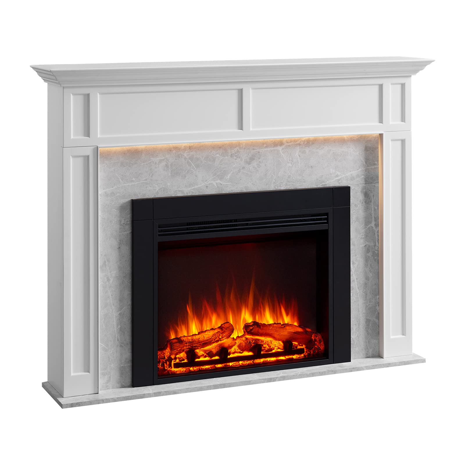 LegendFlame® Ashley Electric Fireplace with 60" Mantel Surround and Jaden 36" Insert, Cream White with Light Grey Marble Finish