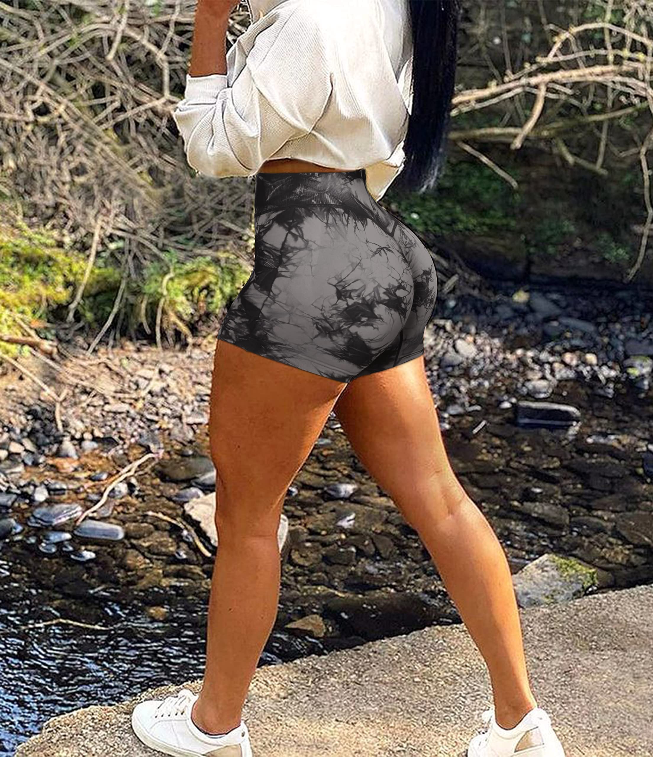 MOSHENGQI Women Booty Workout Shorts High Waisted Gym Yoga Seamless Shorts(M,3" Black Tie Dye
