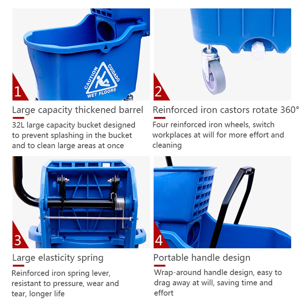 Side Press Wringer Combo Commercial Mop Bucket on Wheels, 33 Quart (Blue)