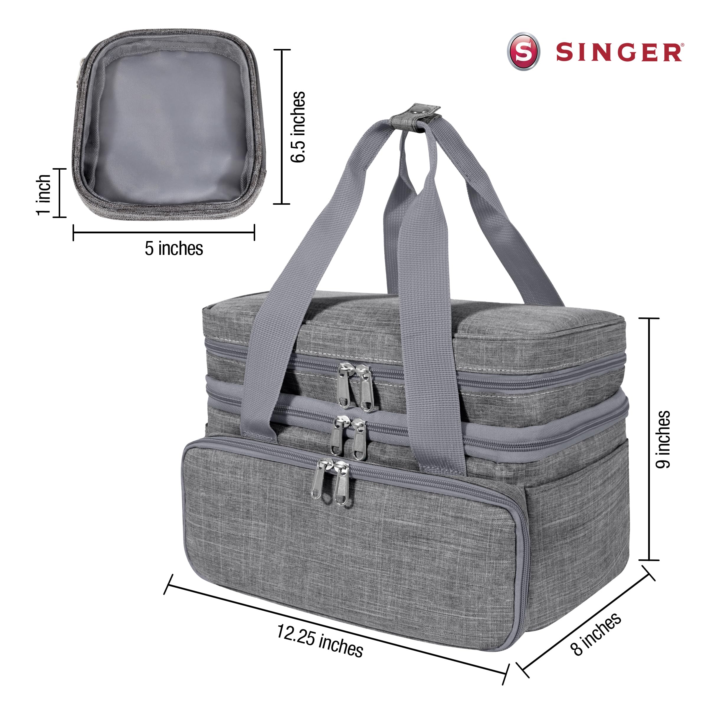 SINGER Sewing Accessories Organizer (Bag Only) β Double Layer Portable Sewing Storage Bag | 2 Detachable Pouches and 18 Compartments, Large Sewing Supplies & Crafting Carry-all (Gray)