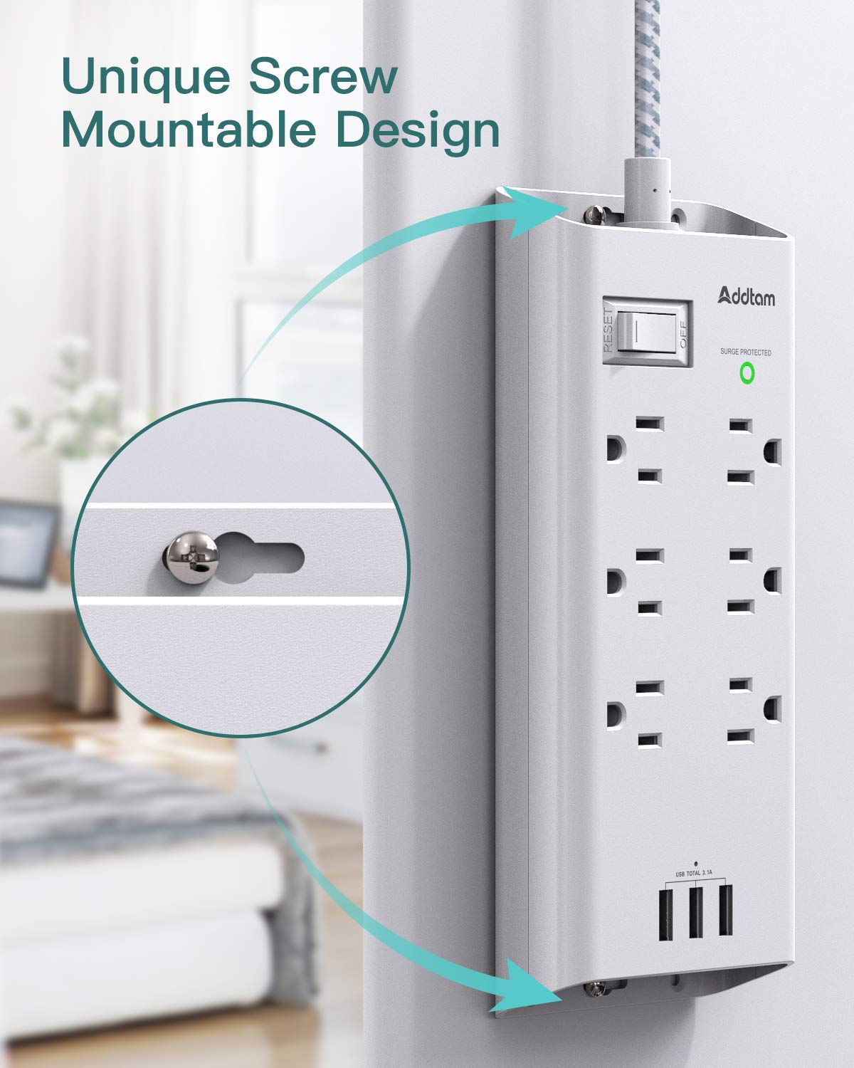 Power Strip Surge Protector, Addtam 6 Outlets and 3 USB Ports 5Ft Long Extension Cord and USB Wall Charger Surge Protector - Addtam 5 Outlet Extender with 4 USB Charging Ports (1 USB C, 4.5A Total)