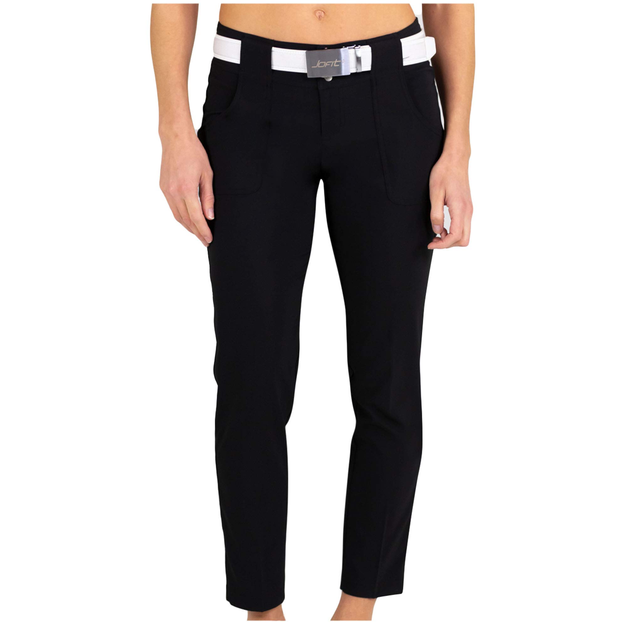 Jofit Apparel Women’s Athletic Clothing Belted Cropped Ankle Pant for Golf & Tennis, Size 12, Black