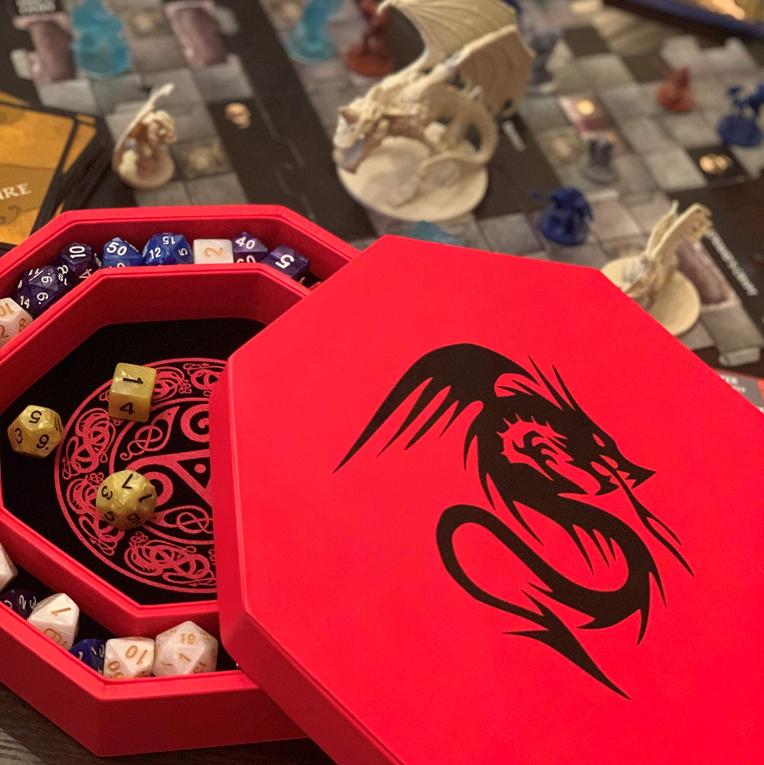 Luck Lab 8 Inch Dice Tray β Red - with Lid and Dice Staging Area for RPG Table Top Gaming- Dragon Design
