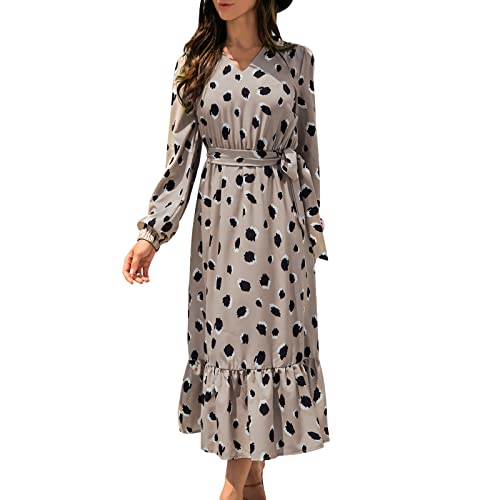 Patchwork Ruffle Dress for Women V Neck Empire Waisted Swing Dress Loose Ruched Polka Dot Long Dress
