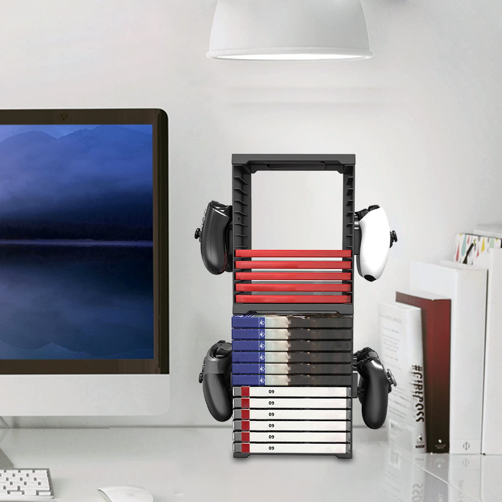 Motffsa Game Holder Game Storage Organizer, Game Card Box Storage Rack Double-layer Bracket, PS5/4 Game Holder Game Disk Rack and Controller Organizer
