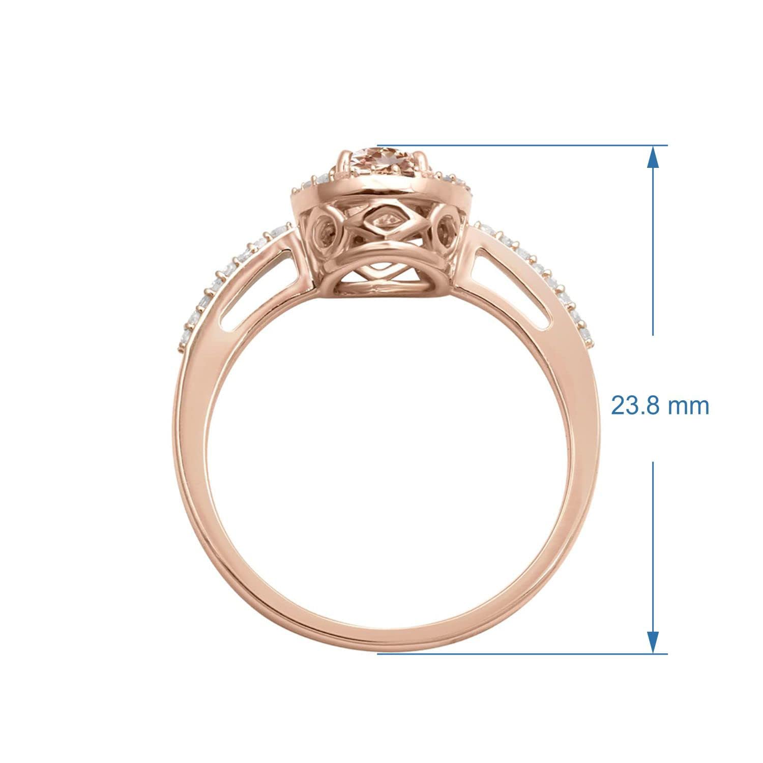 Jewelili 10K Rose Gold 5 MM Round Morganite and 1/6 Cttw Natural White Round Diamond Halo Ring, Size 7