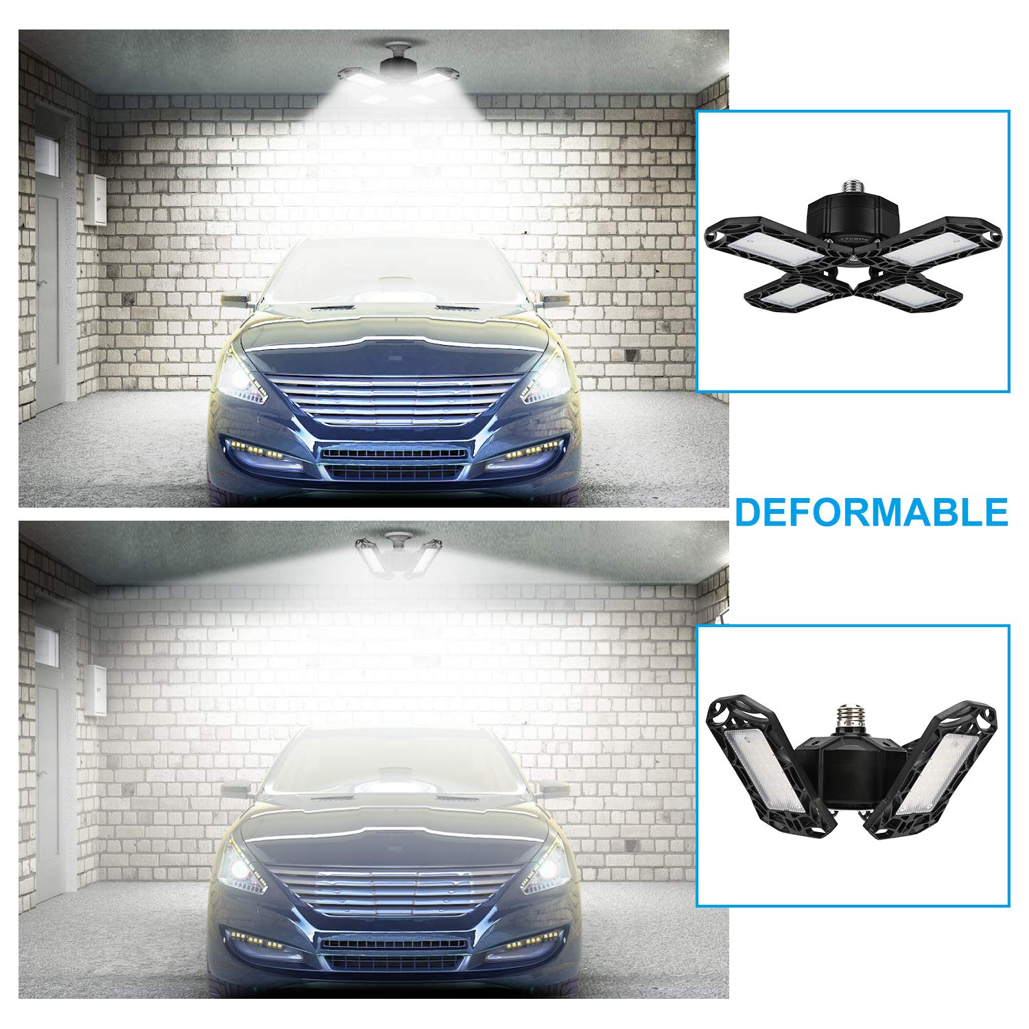 LED Garage Light 120W Super Bright Garage Ceiling Lights with 4 Adjustable Panels, E26 12000lm LED Ceiling Light Deformable Garage Led Light for Garage, Warehouse, Workshop, Basement, Gym