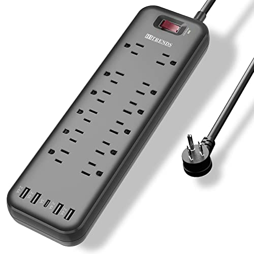 Power Strip Surge Protector with 12 Outlets & 4 USB Ports & 1 USB-C Port (5V/3A), 2360 Joules, Angled Flat Plug, Spaced Outlets & ETL Listed Power Outlet for Home Office - Black