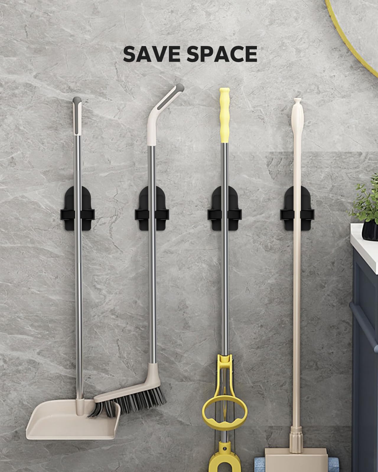 MCOMCE Broom Holder Wall Mount (Black 4 Count), Broom Holder, Broom and Mop Organizer Wall Hanging, Mop and Broom Holder Wall Mount, Broom Organizer Wall Mount for Home, Kitchen, Garage Storage