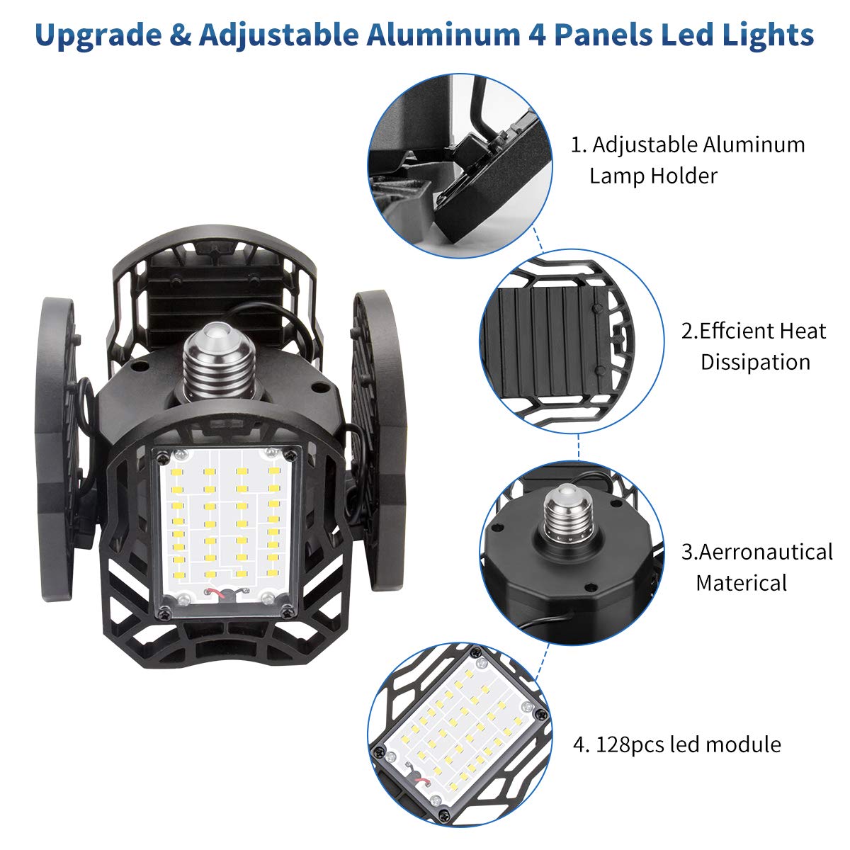 LED Garage Light 150W, New 4 Panels Deformable LED Garage Lights,15000 Lumen Quadruple Glow LED Garage Light, 6000K Retractable E26/E27 Garage Ceiling Light for Basement, Barn, Warehouse (1PACK)