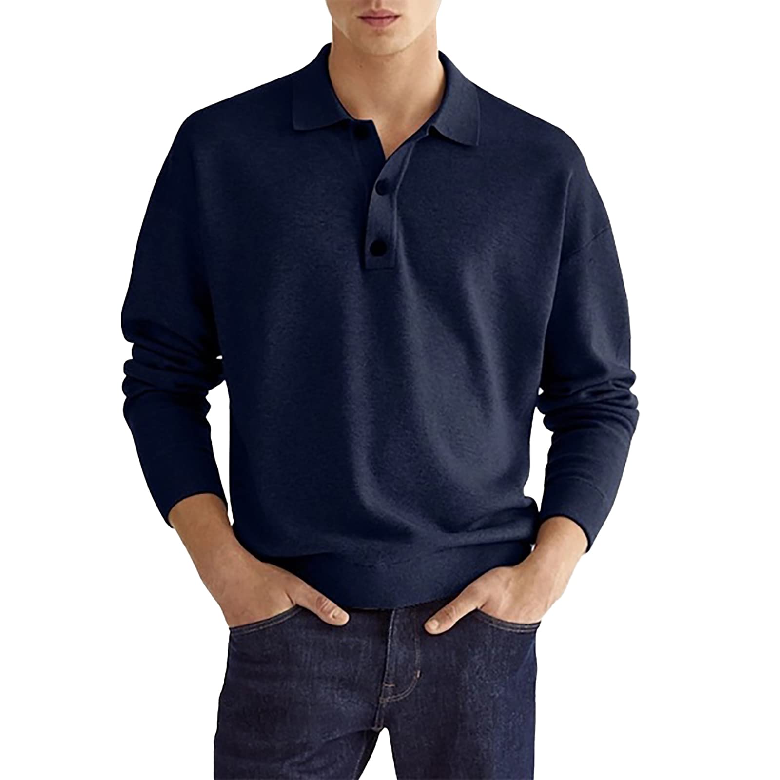 Opomelo Men's Long Sleeve Solid Polo Shirts -Fashion Casual Golf Shirt Collared T Shirts Navy Blue
