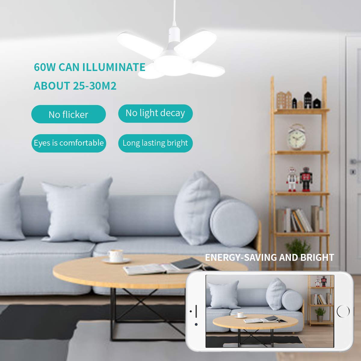 LED Garage Light,60W 6000LM Garage Ceiling Lights with 4 Adjustable Panels,E26 Deformable Super Bright Working LED Daylight White Light Bulbs,Shop Lights for Workshop, Barn, Warehouse,Basement