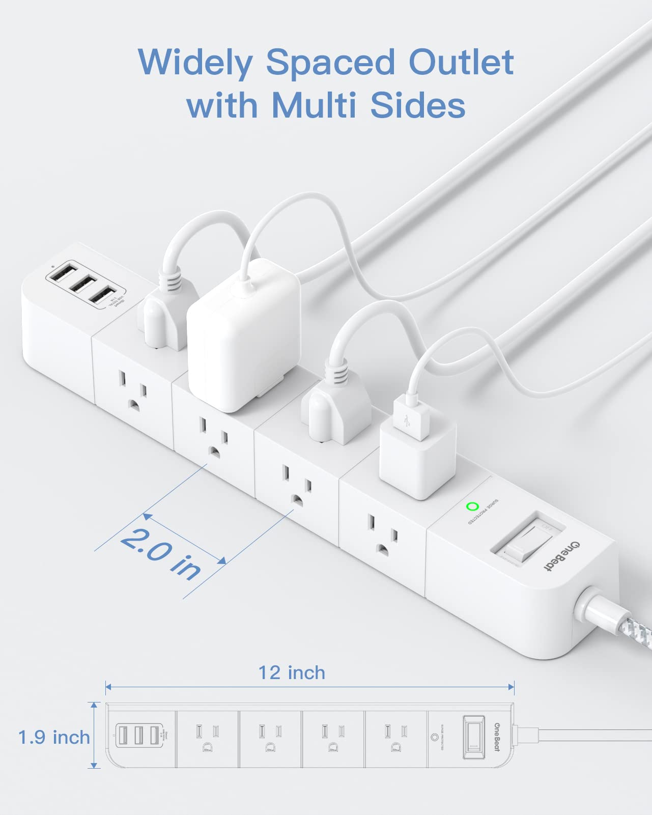 Power Strip Surge Protector - Widely Outlets with 3 USB Ports (1 USB C), Outlet Extender Strip with 5 Ft Extension Cord, Flat Plug, Wall Mount, Small Power Strip for Travel Office Dorm Home