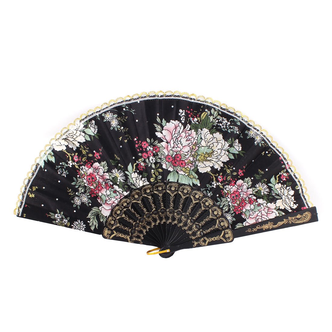 Qtqgoitem Flower Pattern Woman Showing Scalloped Rim Folding Hand Fan Black (model: a44 9e1 ca2 2d4 d4b)