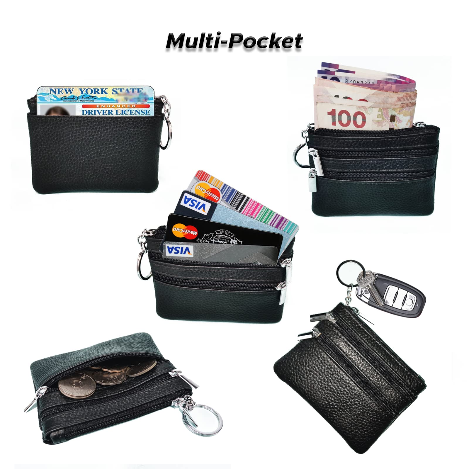 Naviurway Genuine Leather Coin Purse 3 Zipper Mini Pouch Change Wallet Key Fob Holder (Black)