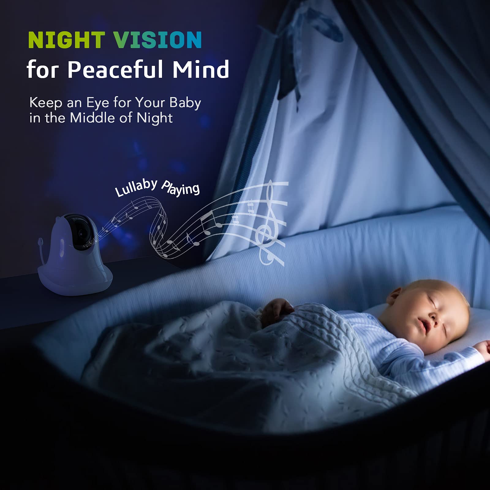 tomvorks Baby Monitor, Baby Camera with Remote 360 Degree Rotation, Security Indoor Camera with Night Vision, VOX Function, 2-Way Talk, Timer Alarm and Lullaby, Supports Temperature Display