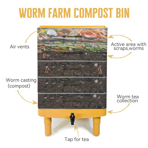 TOP XIAN 5-Tray Worm Composter,100L Worm Compost Bin for Vermicomposting Starter, Indoor & Outdoor Worm Farm Composting Bin, Worm Compost Bin for Recycling Food Waste