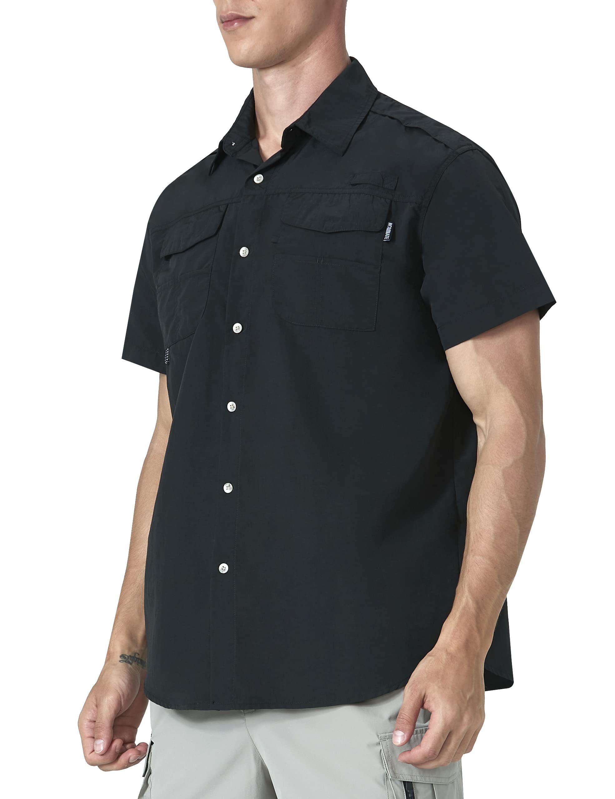 Mens Short Sleeve Fishing Shirts UPF 50+ Sun Potection UV Shirts for Hiking Button Down Shirts with Velcro Pockets for Work Black