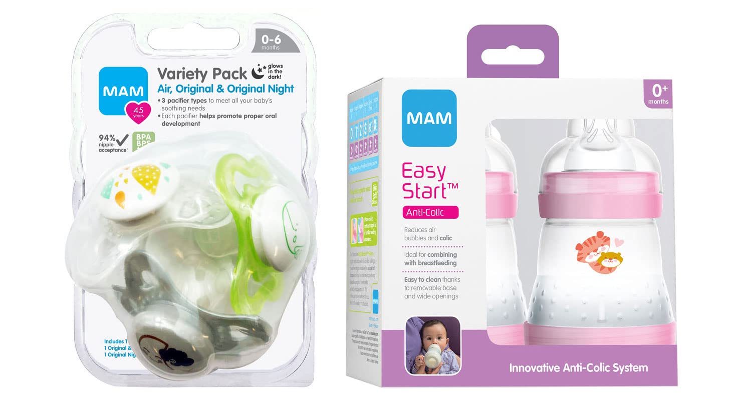 MAM Easy Start Anti-Colic 5 oz. Bottles, 2 Count, Newborn, Matte/Girl & MAM Variety Pack Baby Pacifier, 3 Count, 0-6 Months, Unisex, (Pack of 5)