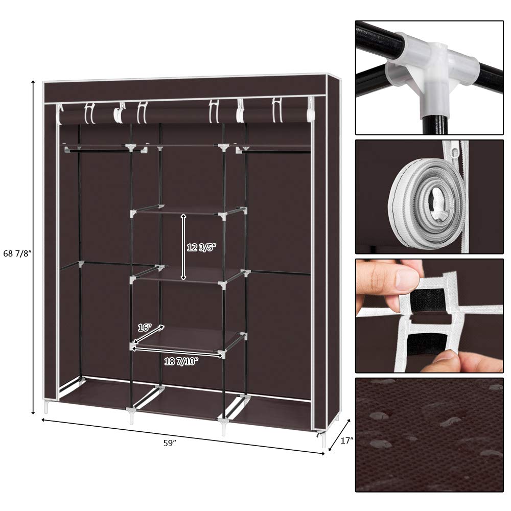 Knocbel 69" Tall Freestanding Closet Organzier Clothes Garment Rack with Storage Shelves & 2 Hanging Rods (Black)