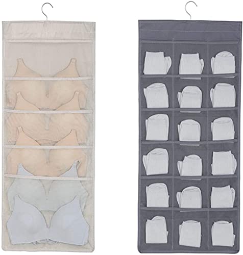ST-BEST-P Bra and Underwear Hanging Storage Organizer Mesh Pockets Dual Sided Wall Shelves Space Saver Bag Sock Underpants Drawer Closet Clothes Rack (Gray:(5+10pockets))