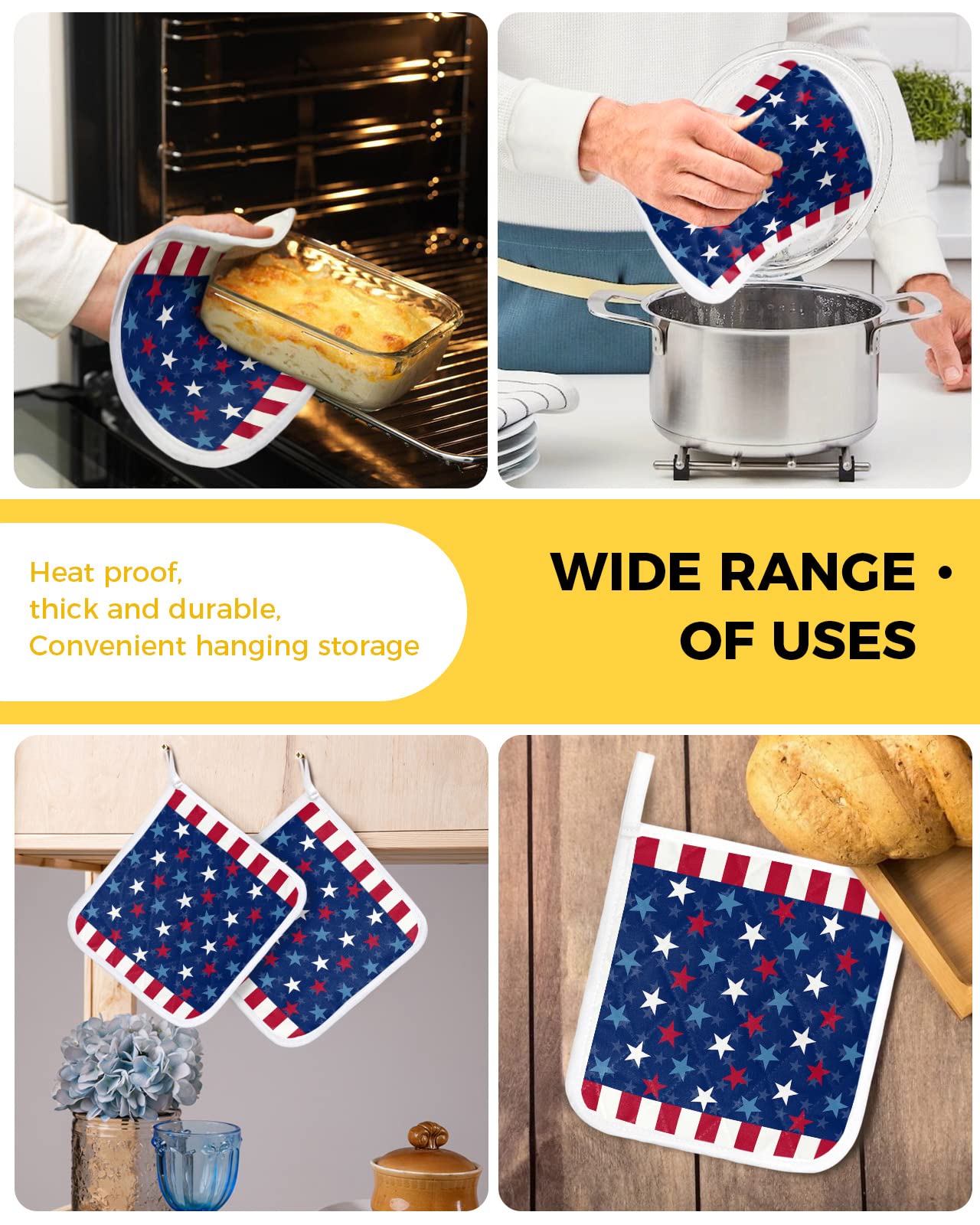 Memorial Day 2 Pack Pot Holders Heat Insulation Hot Pads, USA Patriotic Star Washable Oven Pot Holder Set for Kitchen Blue Red White Stars Potholders for Baking Cooking Dining Table