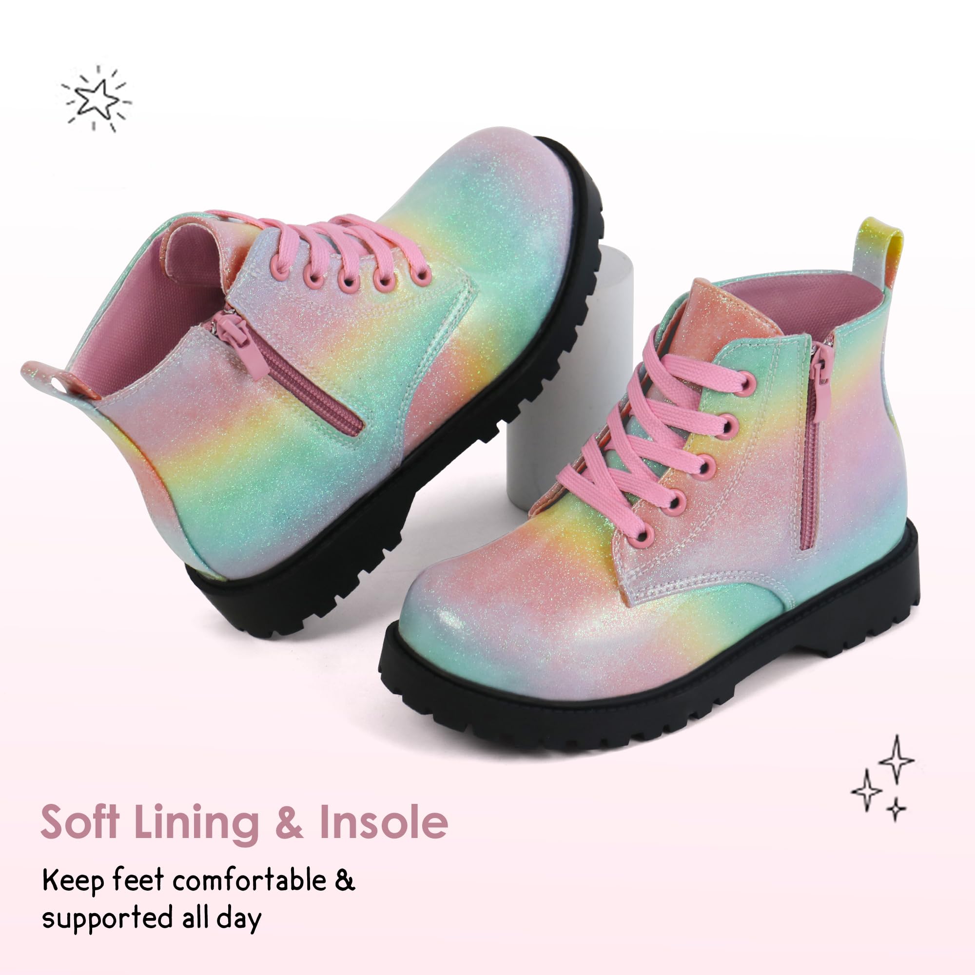 JABASIC Girls Ankle Boot Side Zipper Lace Up Work Boots (2,Rainbow)