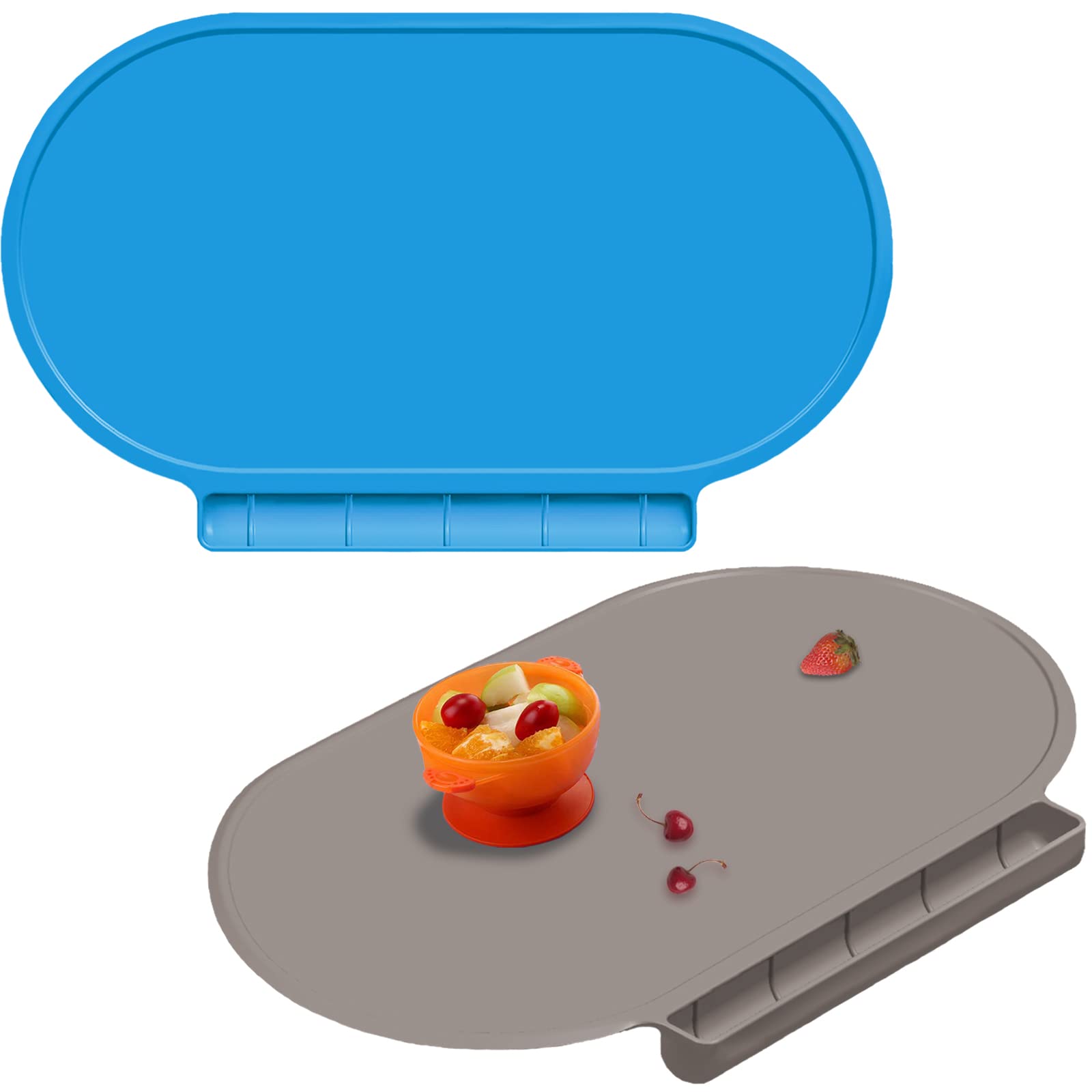 Silicone Kids Placemats, Food Catching Placemats for Kids Baby Toddler, Reusable Table Mats for Dining Table, 2Set, Dark Blue/Gray