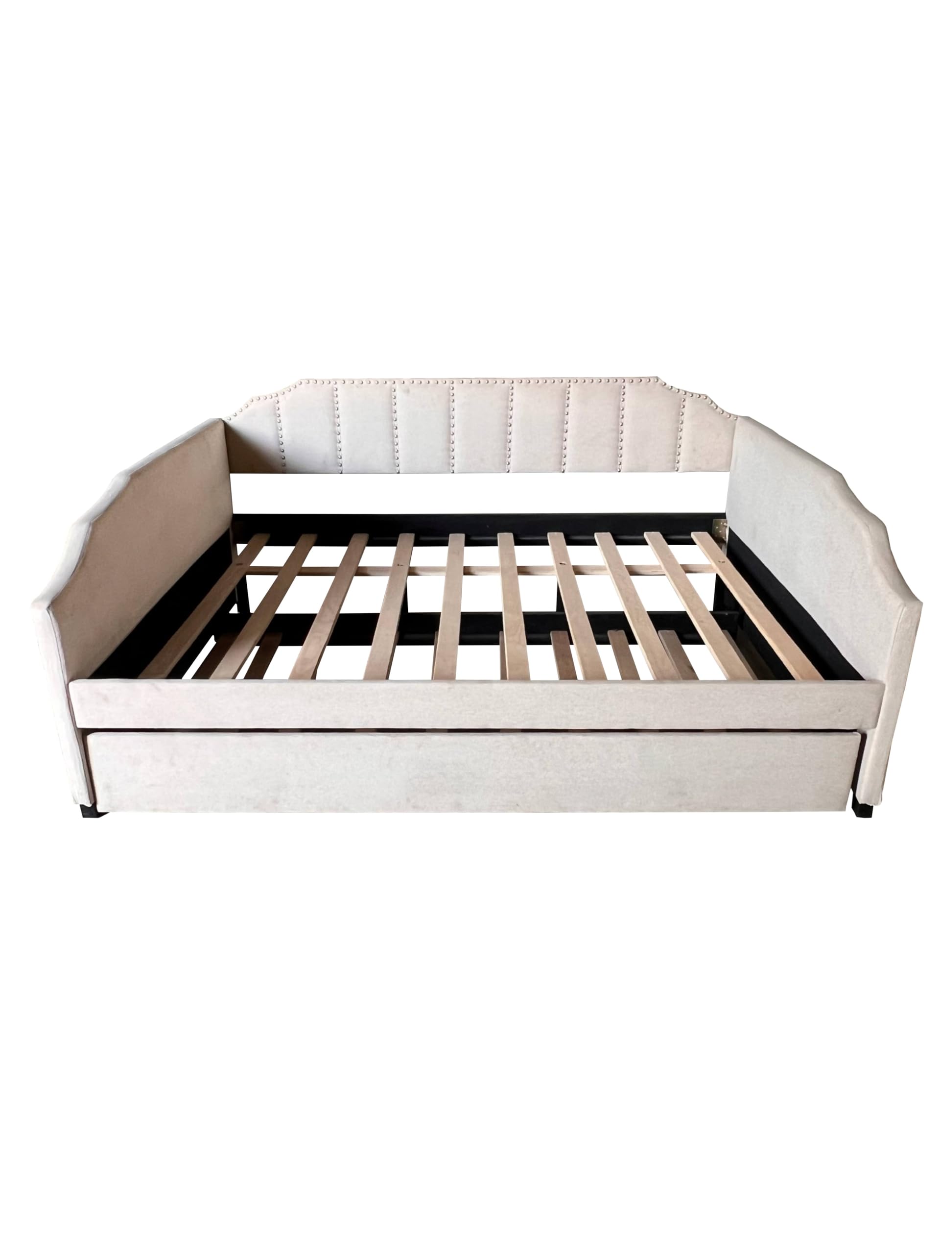 UOCFYK Full Size Upholstered Daybed with Trundle,Modern Wood Platform Bed w/Side Stripes,Space Saving Design, Wooden Slat Support, No Spring Box Need for Bedroom, Living, Guest Room,Beige