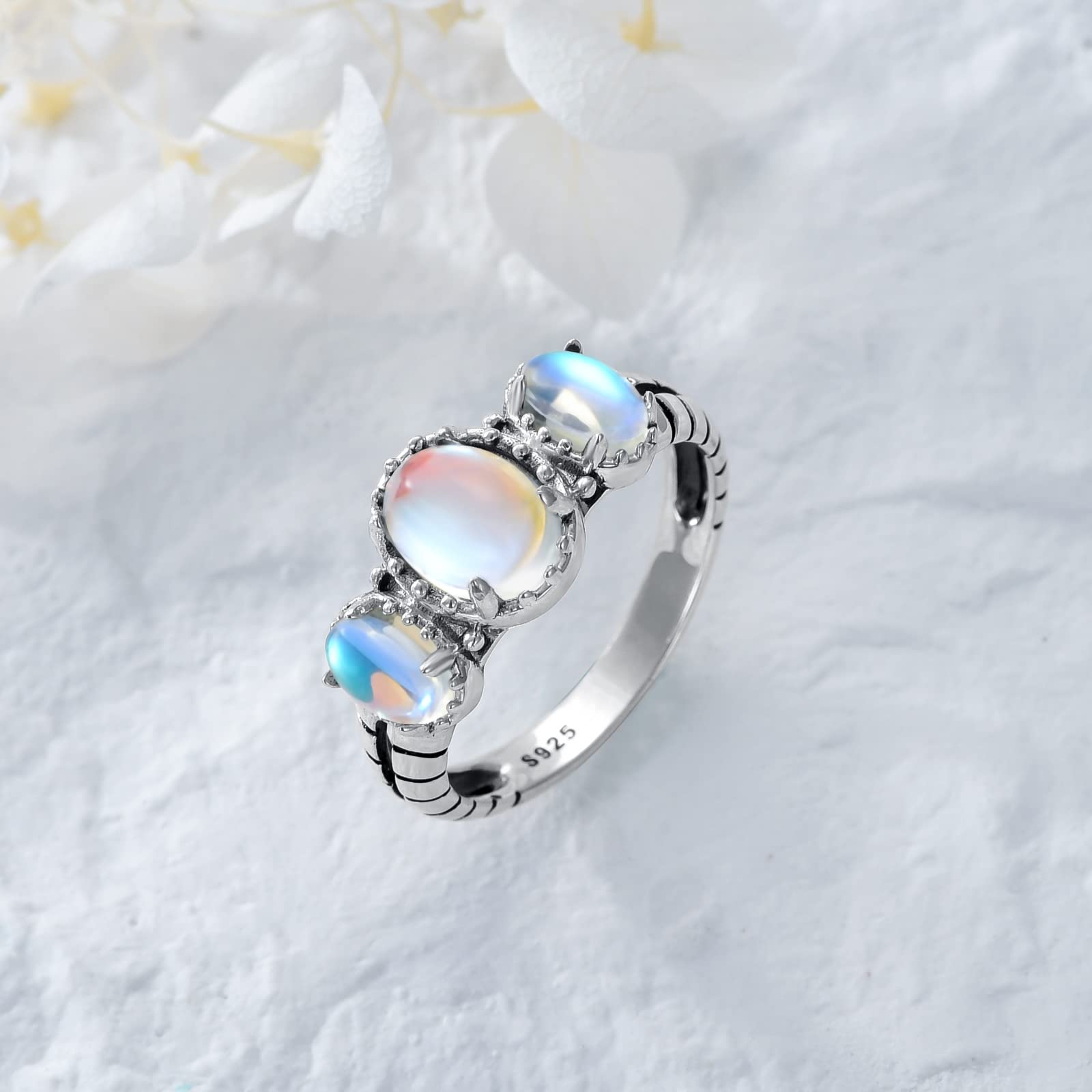 PLATYCO Moonstone Ring 925 Sterling Silver Moonstone 3 Stone Ring Gift for Women (6)