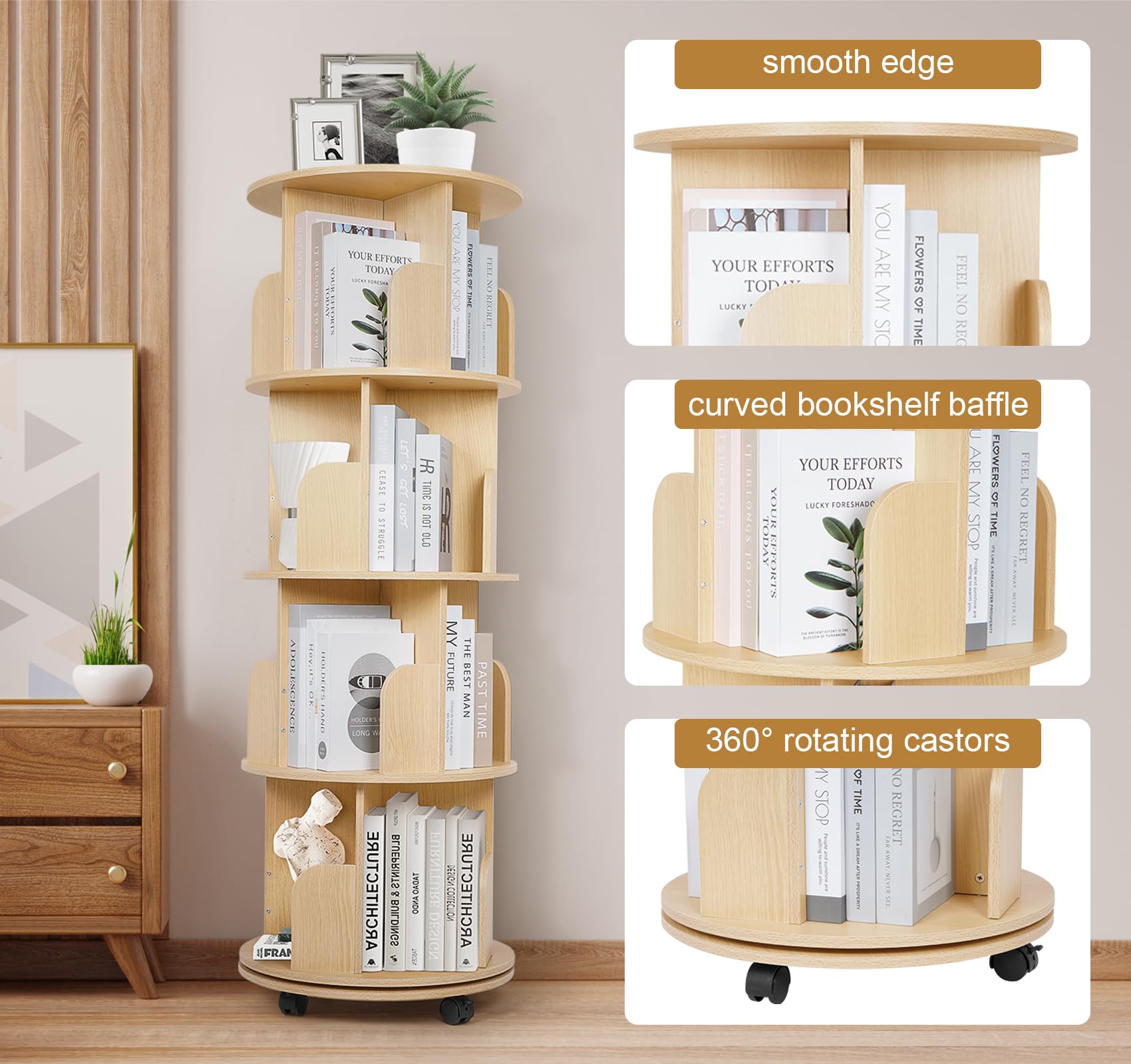 tonchean 4 Tier Rotating Bookshelf Tower,Wood Revolving Bookcase with Wheels Vertical Kids Toddler Bookshelf with Storage,Corner Display Bookshelf Rack for Library Study Office Living Room