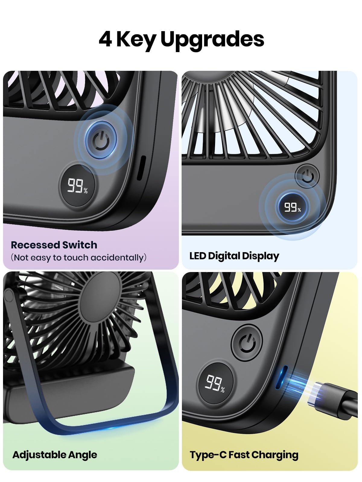 TOPK 2 Pack 5000mAh Portable Desk Fan, Ultra-thin Strong Wind Digital Display 4 Speeds Adjustable Small Silent Battery Powered Personal Fan for Bedroom, Office, Travel, Library, Outdoor